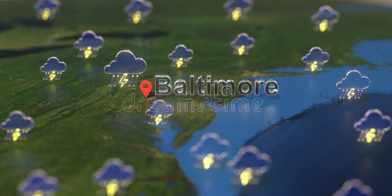 Baltimore City and Stormy Weather Icon on the Map, Weather Forecast ...