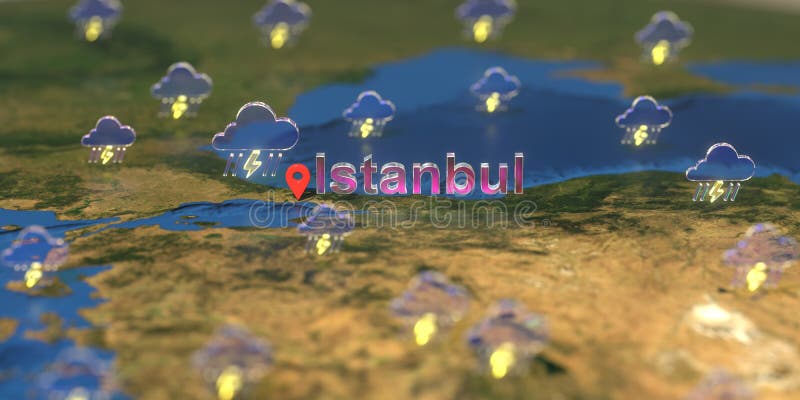 Istanbul City and Stormy Weather Icon on the Map, Weather Forecast ...