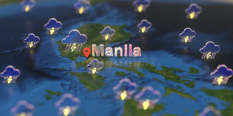 Manila City and Stormy Weather Icon on the Map, Weather Forecast ...