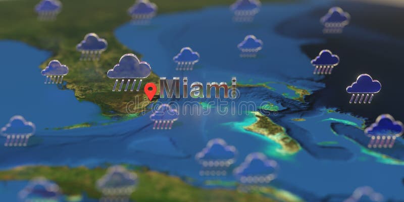 Miami City and Sunny Weather Icon on the Map, Weather Forecast Related ...