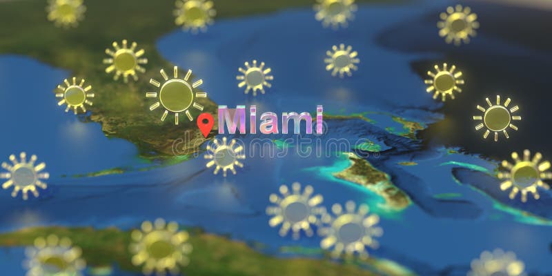 Miami City and Sunny Weather Icon on the Map, Weather Forecast Related ...