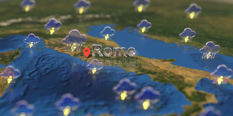 Rome City and Stormy Weather Icon on the Map, Weather Forecast Related ...