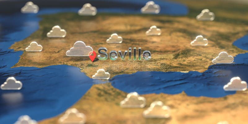 Seville City and Cloudy Weather Icon on the Map, Weather Forecast ...