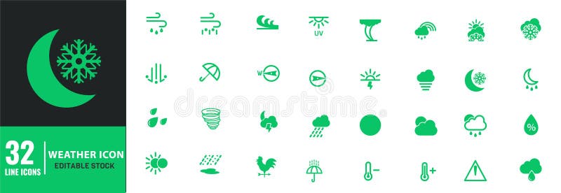 Weather Forecast Icon Set Editable Stroke. Windy, Sky, Snow, Cloud ...