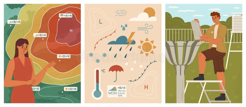Weather Forecaster and Meteorologist at Work Scene Stock Vector ...