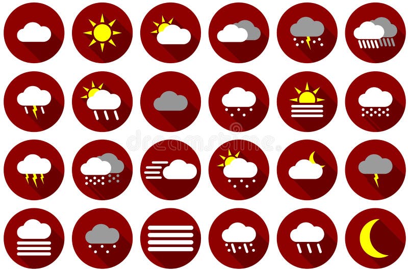 Weather icon set in red stock vector. Illustration of snow - 97229554