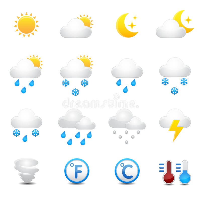 Cute Weather Kawaii Icons -star, Rainbow, Moon, Snowflake, Thunders and ...