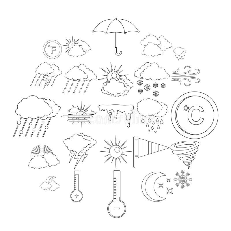 Weather Icons Set, Outline Style Stock Illustration - Illustration of ...