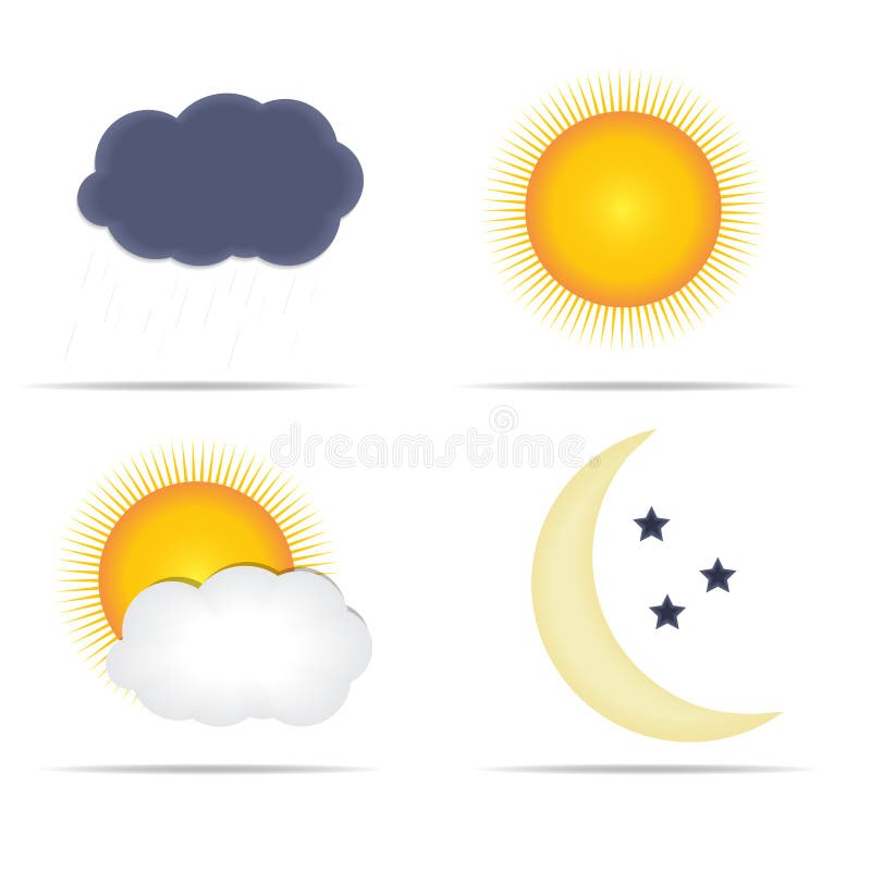 Weather Icons with Sun, Cloud, Rain and Moon Vector Illustration Stock ...