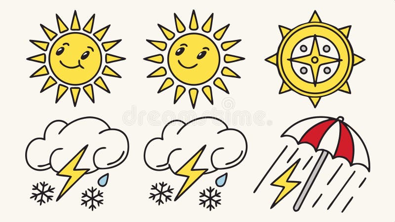 Weather Icons Sun and Lightning Vector, Storm and Umbrella Design ...