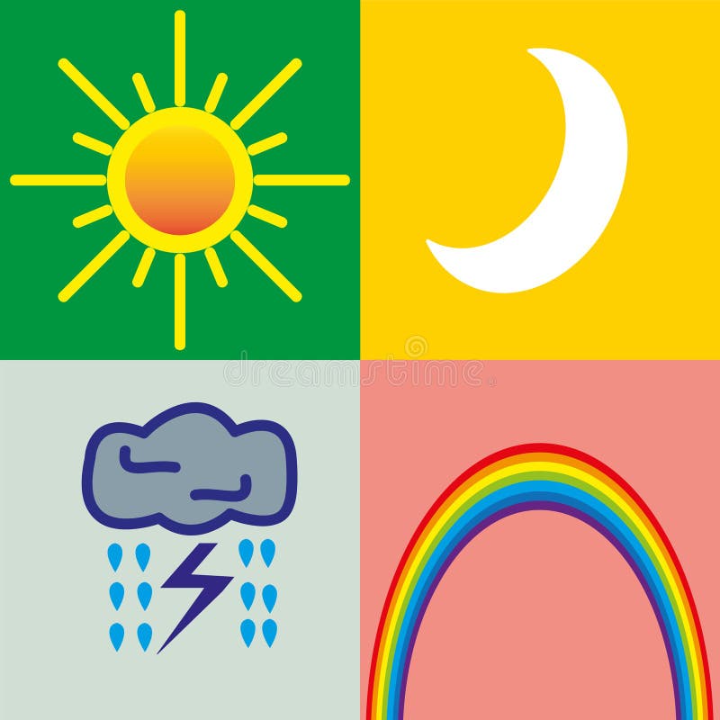 4 Weather Icons - Sun, Moon, Storm, Rainbow Stock Vector - Illustration ...