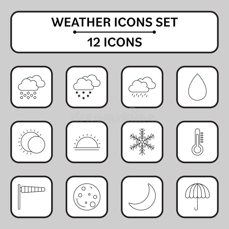12 Weather Linear Icon Set on White and Grey Square Stock Illustration ...