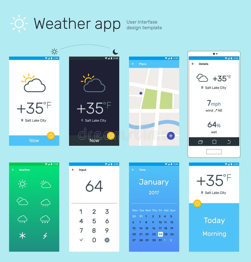 Weather Mobile Application Screens. Stock Vector - Illustration of ...