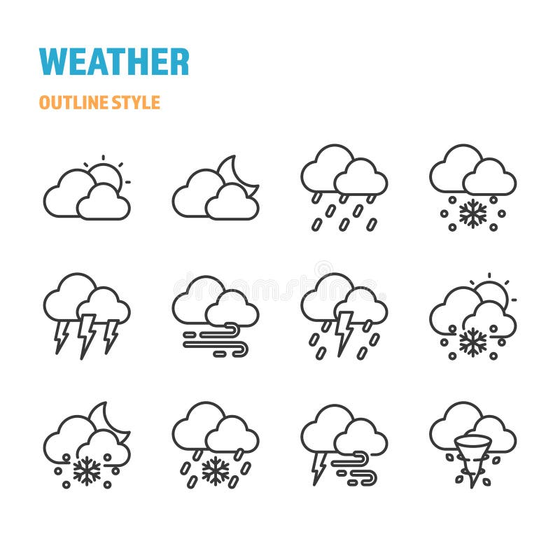 Weather Outline Icons Set. Collection of Lightning, Sun, Rain and Other ...