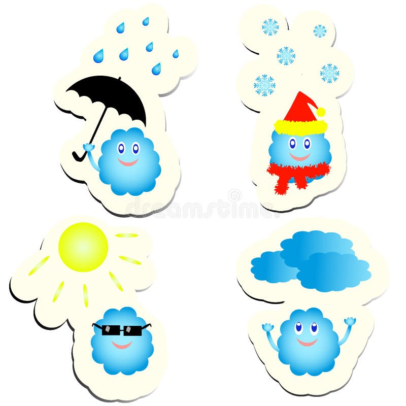 Set of Cute Weather Icons with Different Emotions Expression. Vector ...