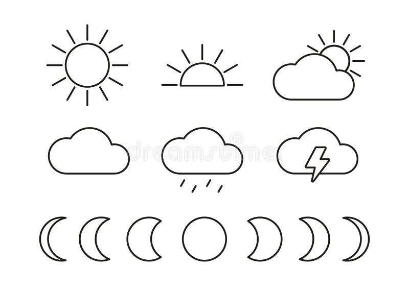 Weather Sun, Cloud and Moon Line Icon Set. Environment Sunshine ...