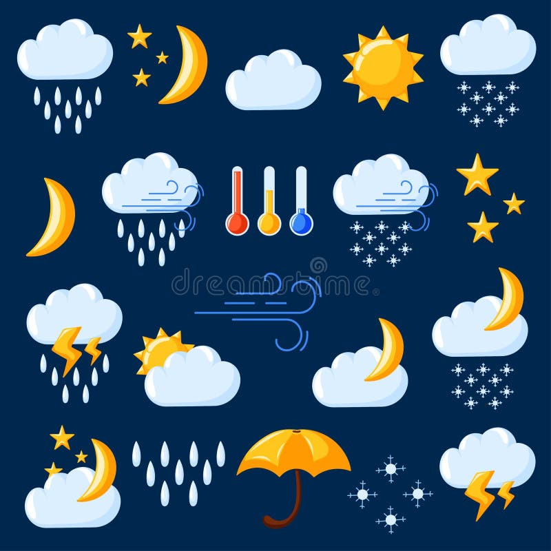 Weather Symbols in Cartoon Style. Elements for Weather Forecast Stock ...