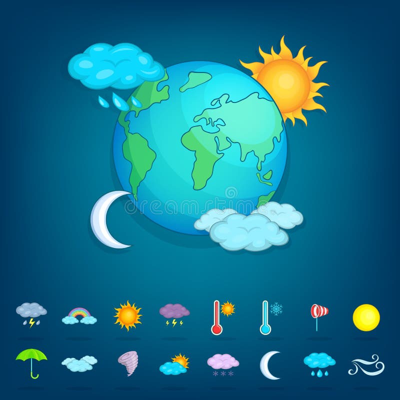 Weather Symbols Concept Planet, Cartoon Style Stock Vector ...