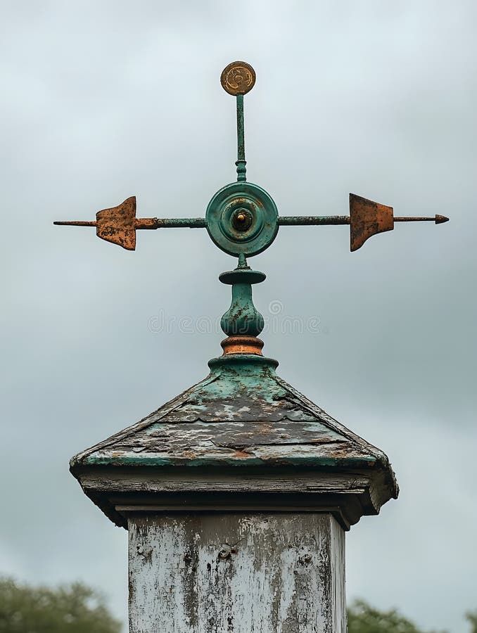 Weather Vane Atop a Weathered Structure with Peeling Paint and a Cloudy ...
