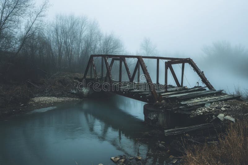 A Weathered, Abandoned Bridge Shrouded in Mist Over a Dark River Stock Illustration ...