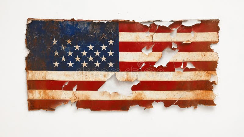 Weathered American Flag with Peeling Paint, Rust on White Surface. Old ...