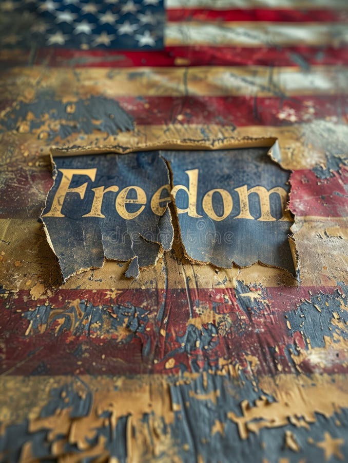 Weathered American Flag with the Word Freedom in Torn Paper. Stock ...