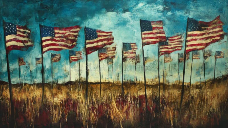 Weathered American Flags in a Golden Field Under a Dramatic Sky Stock ...