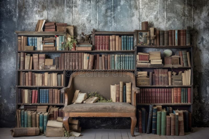 Weathered Antique Bookshelf Filled with Old Books Stock Illustration ...