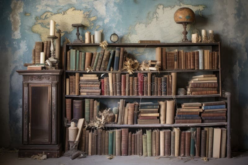 Weathered Antique Bookshelf Filled with Old Books Stock Illustration ...