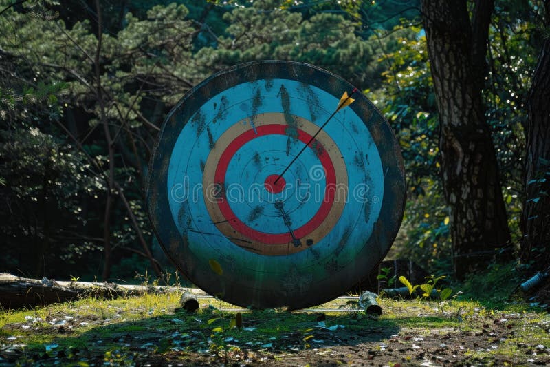 Weathered Archery Target Standing in Forest Clearing with Arrow in ...
