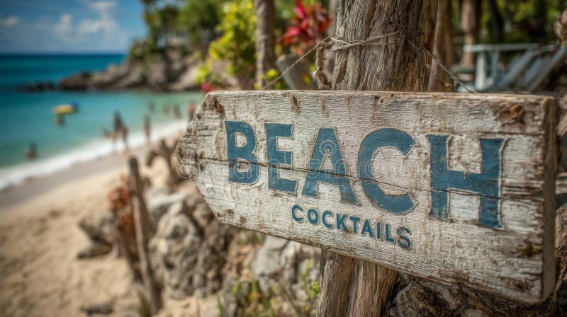 Weathered Beach Cocktails Sign on Sandy Shore Stock Illustration ...