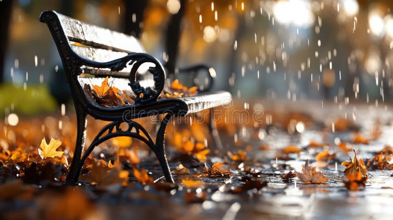 Weathered Bench in Tree-lined Park Path with Fallen Leaves and Misty ...