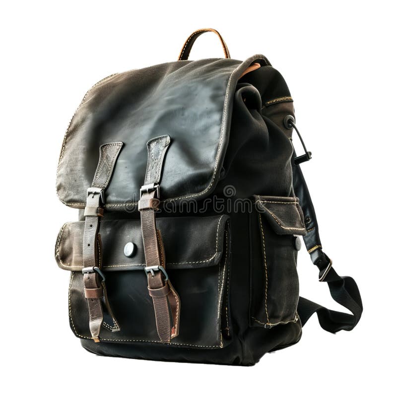 Black Canvas and Leather Backpack Standing Upright Isolated on White ...
