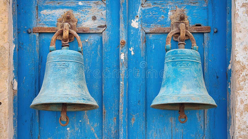 Weathered Blue Bells on Rustic Door, Mediterranean Village Stock Image ...
