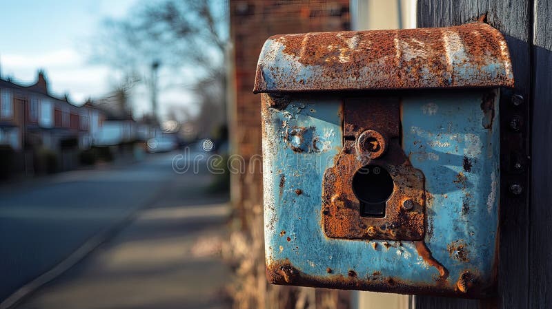 A Weathered Blue Mailbox Sits on a Rustic Post. Its Paint is Chipped ...