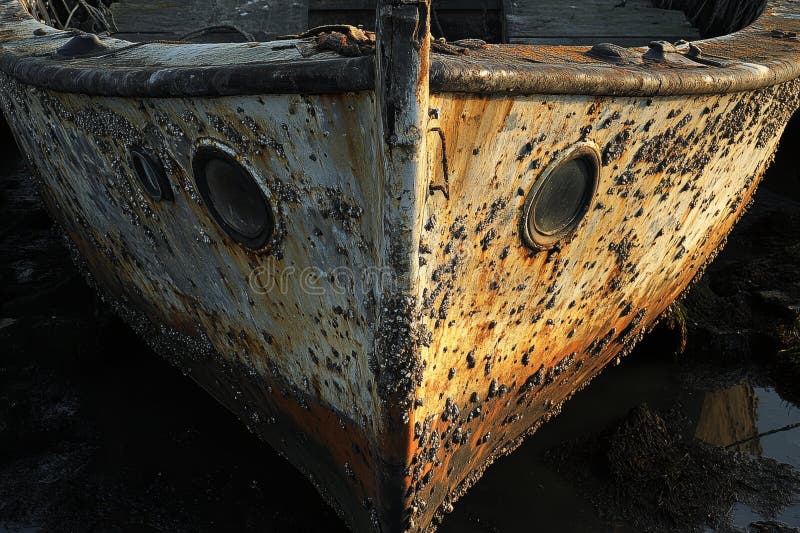 Weathered Boat with Barnacles Sits at Low Tide in a Calm Harbor at ...