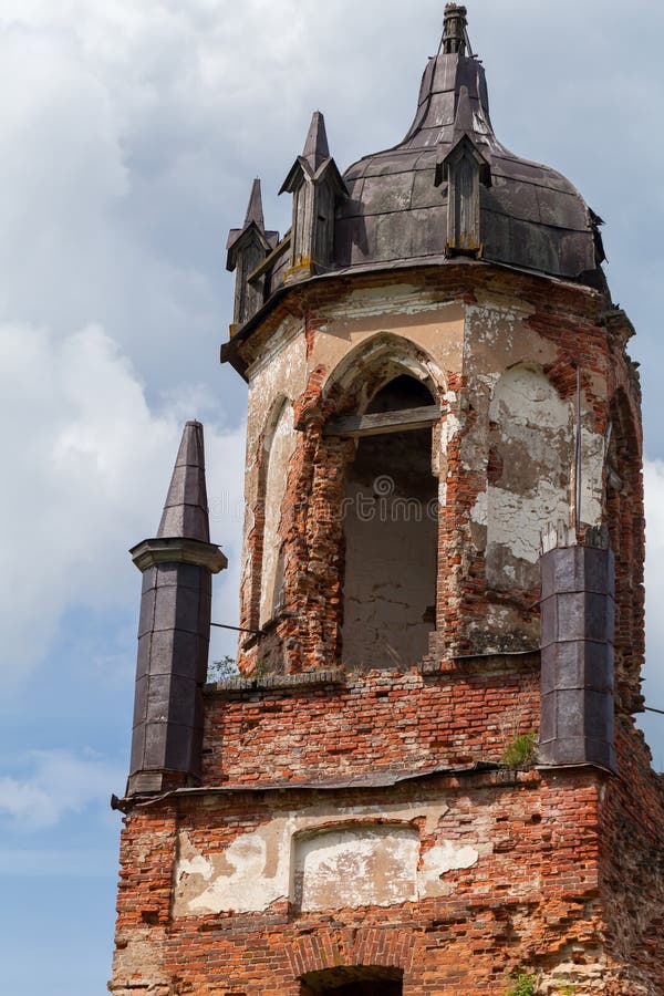A Weathered Brick Bell Tower with Gothic Architectural Details Stock ...