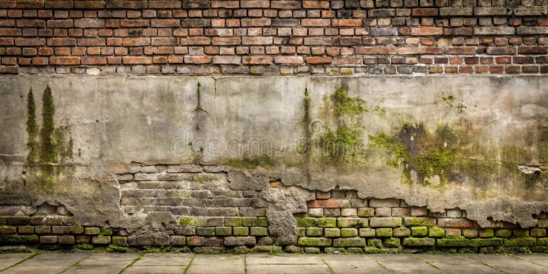 Weathered Brick and Plaster Wall with Moss Growth and Pavement Base ...