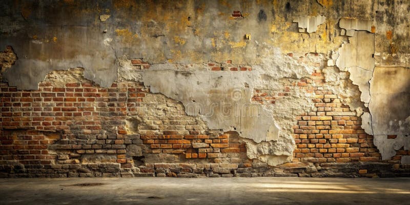 A Weathered Brick Wall with Crumbling Plaster, Showcasing Aged Texture ...