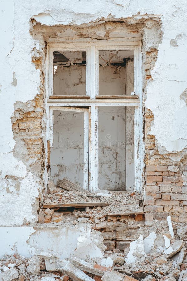 Weathered Brick Wall with Dilapidated Window Frame Stock Image - Image ...