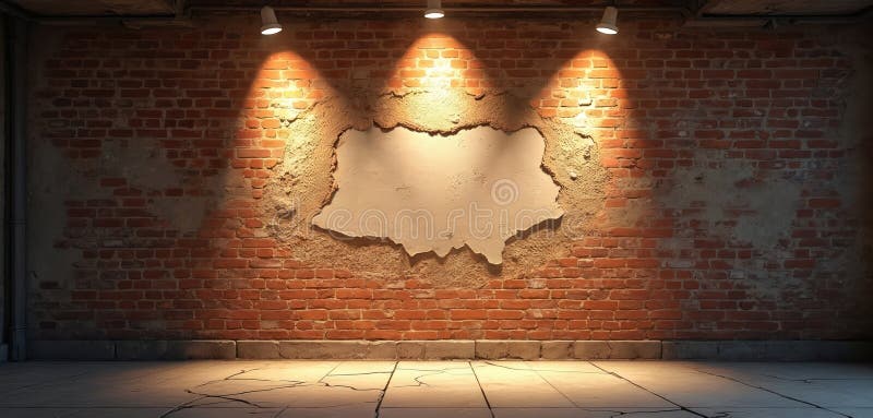 Weathered Brick Wall with Distressed Plaster Patch Illuminated by Three Spotlights. Dramatic ...