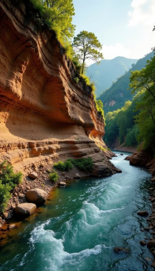 Weathered Brown Sandstone Cliff beside Flowing River, Rock, Texture ...