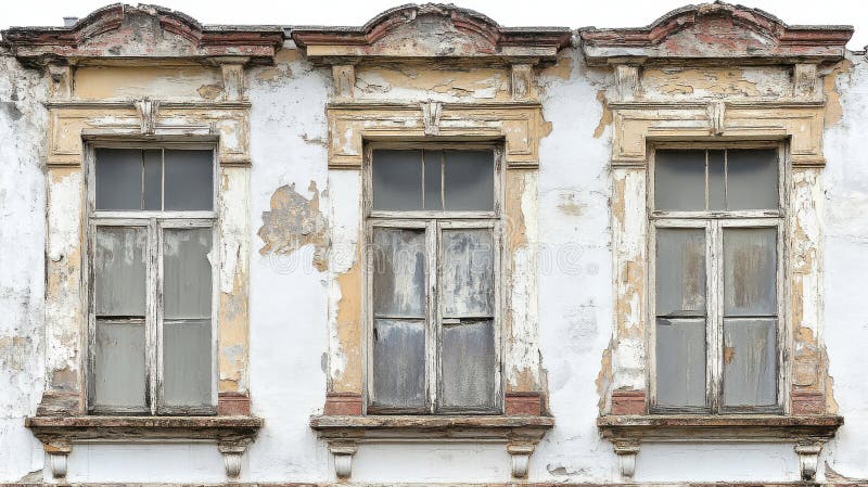 Weathered Building Facade with Three Aged Windows Stock Illustration ...
