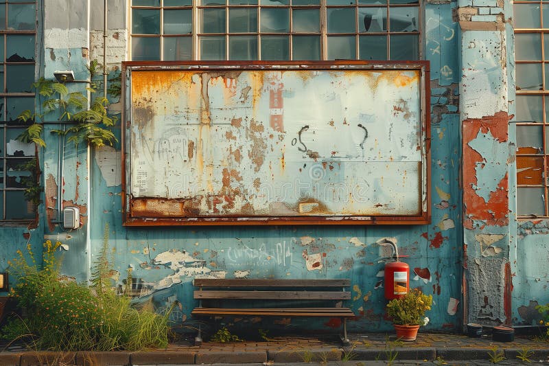 A Weathered Building with Rust, Featuring a Bench and Window, Mockup ...