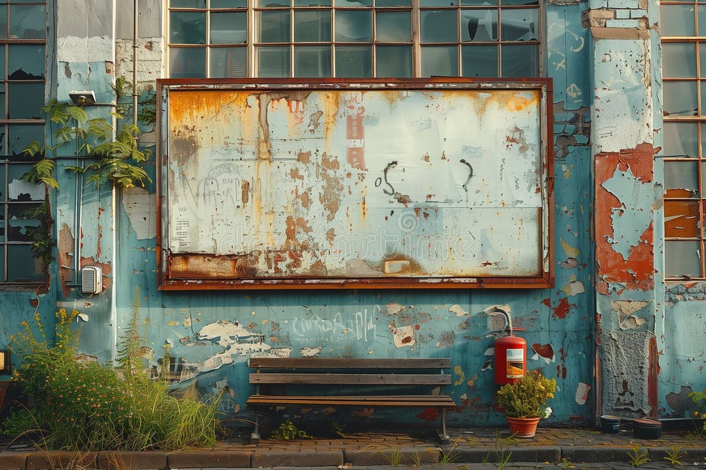 A Weathered Building with Rust, Featuring a Bench and Window, Mockup ...