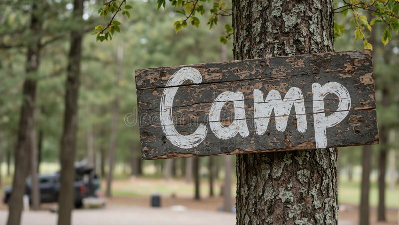 Weathered Camp Sign Nailed To Tree at Campground Edge Stock ...
