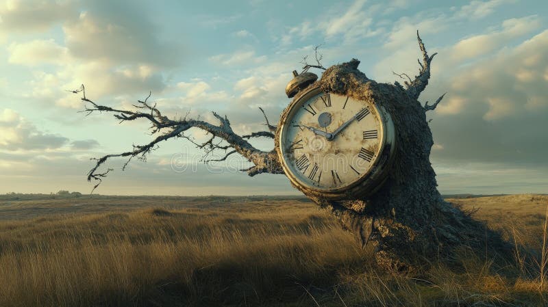 Weathered Clock Embedded in Windswept Tree Stock Image - Image of ...