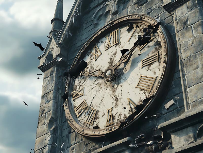 A Weathered Clock Face on a Gothic Tower with Birds Flying Around it ...