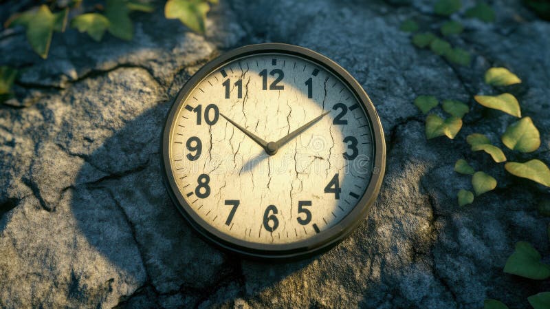A Weathered Clock Rests on a Sunlit Stone Surface, Surrounded by Green ...