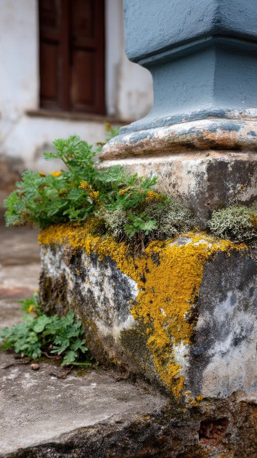 Weathered Column Base with Moss and Plants Showcasing Aging Stonework ...